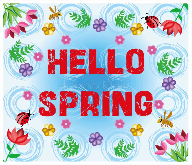 Hello Spring Floral Card Design with Ladybugs and Bees. Stock Vector ...