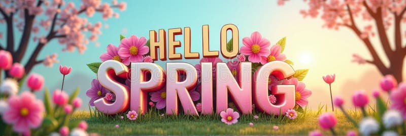 Hello Spring Floral Design with Blooming Pink Flowers and Cherry ...