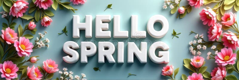 Hello Spring Floral Design with Pink Daisies and Blossoms on Blue Background Stock Illustration ...