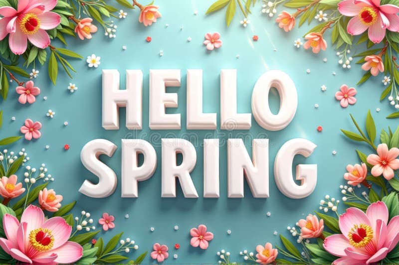 Hello Spring: Floral Greeting with Pink Flowers and Greenery on Light ...