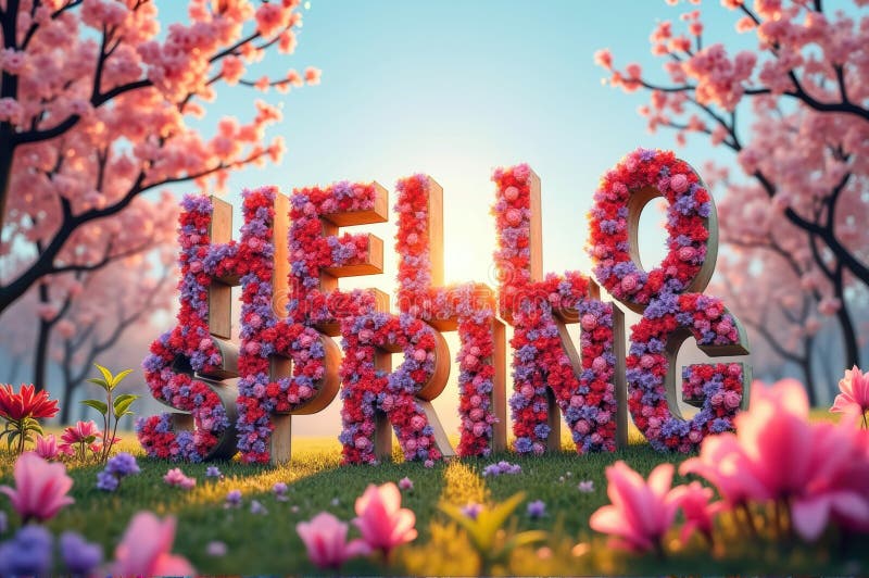 Hello Spring Floral Typography in Sunny Cherry Blossom Garden Stock ...