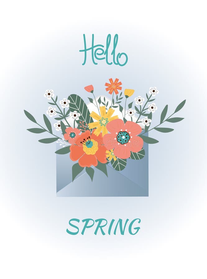 Hello Spring. Spring Flowers, Leaves in Envelope on Blue Background ...