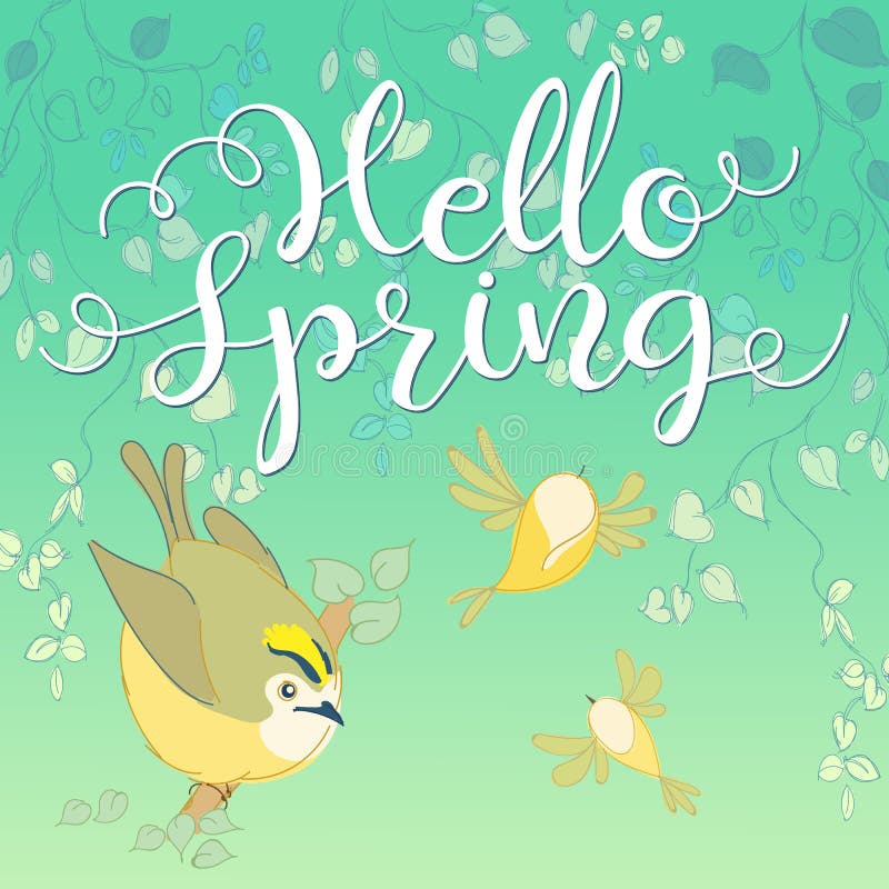 Hello Spring with Gold Crest. Cartoon Bird Stock Vector - Illustration ...