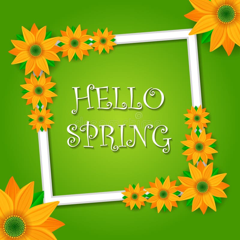 Hello Spring Green Card Design with Flowers and Text in Square Frame ...