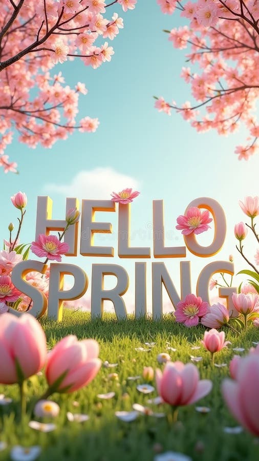Hello Spring Greeting Amid Blooming Cherry Blossoms and Green Meadow ...