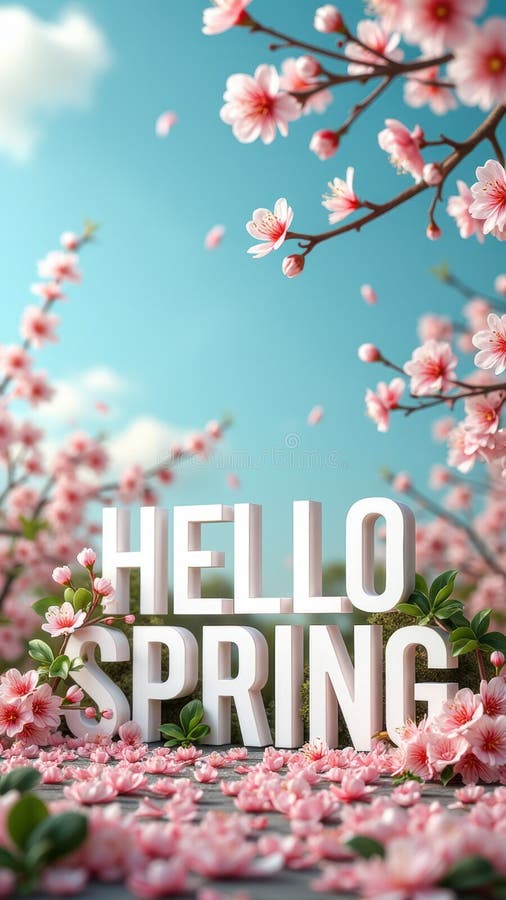 Hello Spring Greeting with Blooming Cherry Blossoms and Clear Blue Sky ...