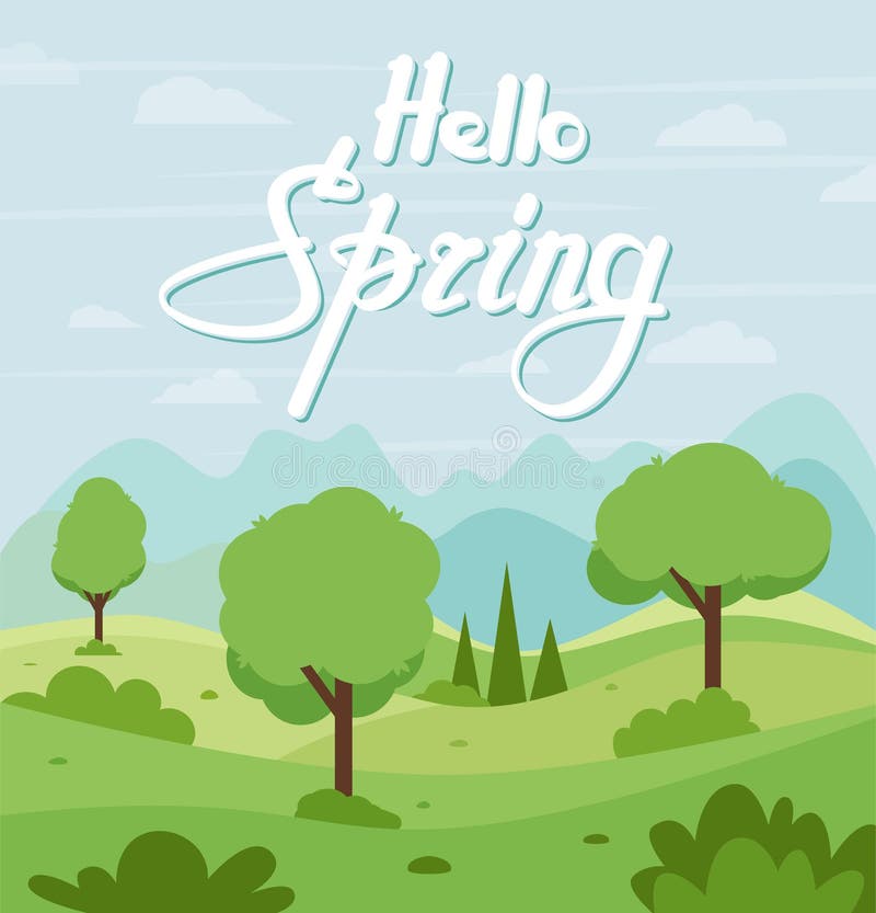 Hello Spring Greeting Card. Cute Illustration Hello Spring, Landscape ...