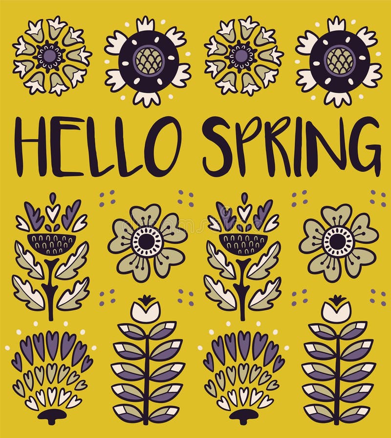 Hello Spring Greeting Card with Decorative Flowers on Yellow Background ...