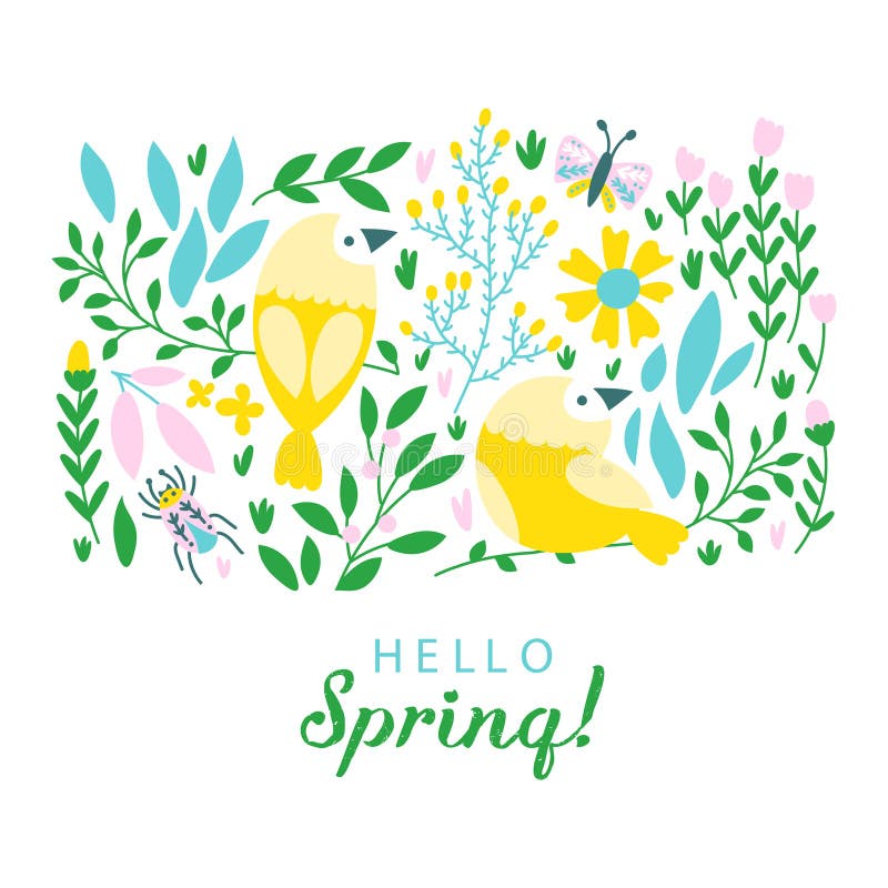 Hello Spring Greeting Card with Flovers and Birds. Vector Illustrations ...