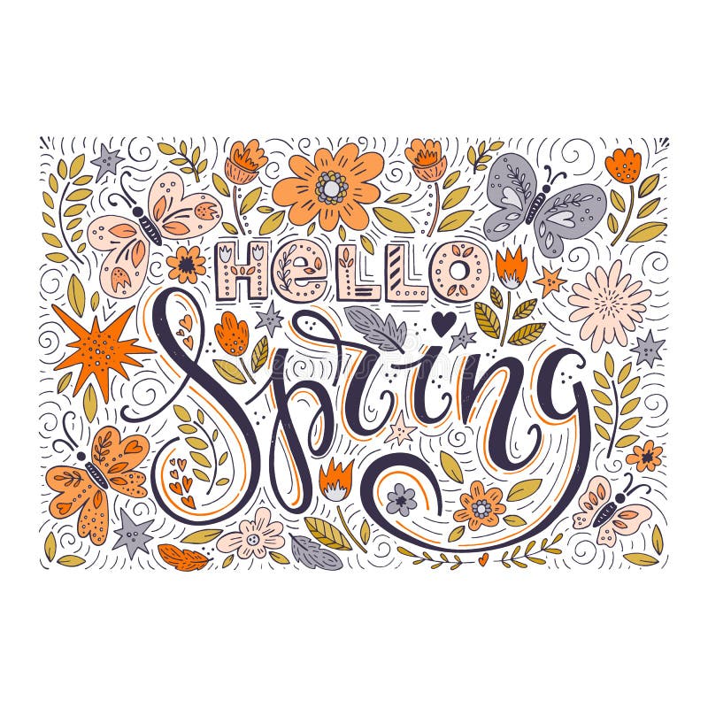 Hello Spring Greeting Card. Hand Drawn Illustration Stock Vector ...