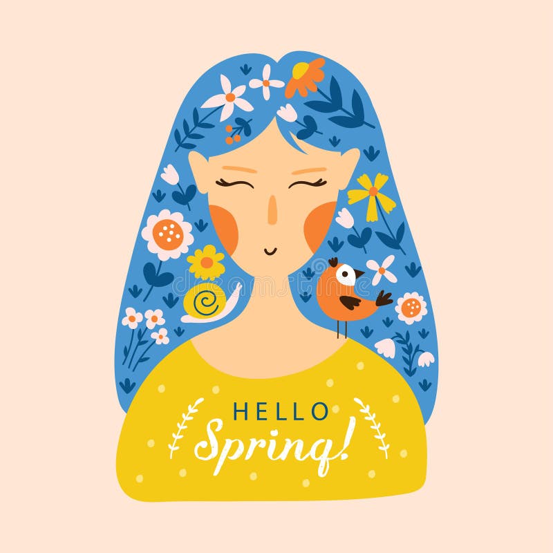 Hello Spring Greeting Card with Woman. Vector Illustrations Stock ...