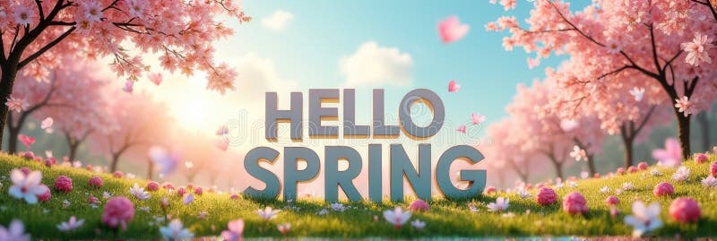 Hello Spring Greeting Cherry Blossoms Sunlight Blooming Meadow Stock ...
