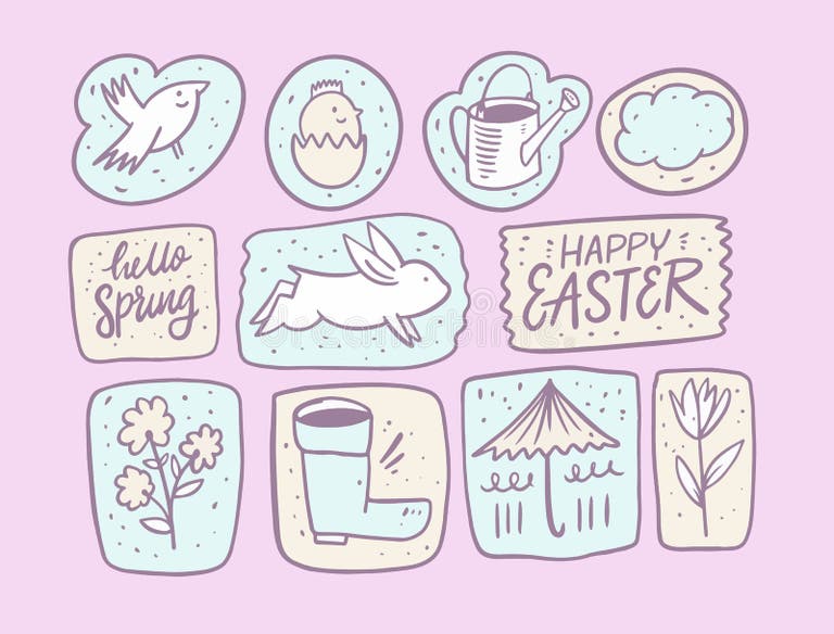Hello Spring and Happy Easter. Hand Drawn Doodle Set Elements Stock ...