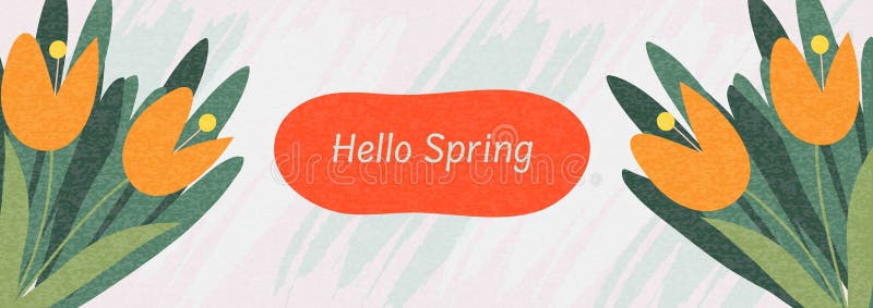 Spring Floral Banner with Tulip Illustrations and a Handwritten Hello ...