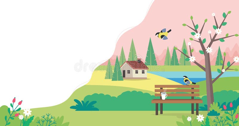 Hello Spring Landscape with Bench, Houses, Fields and Nature. Cute ...