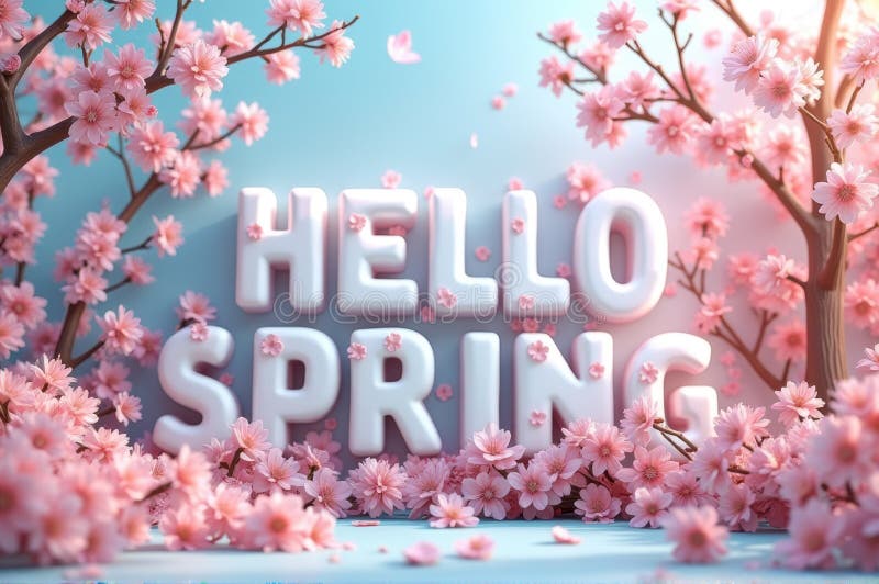 Hello Spring Message Surrounded by Blooming Cherry Blossoms Stock Image ...