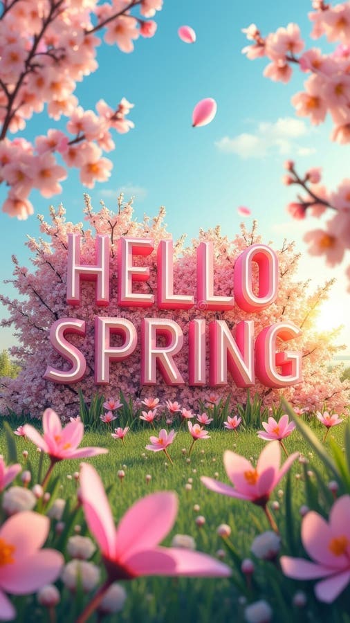 Hello Spring Message in Vibrant Cherry Blossom Garden Stock Photo ...