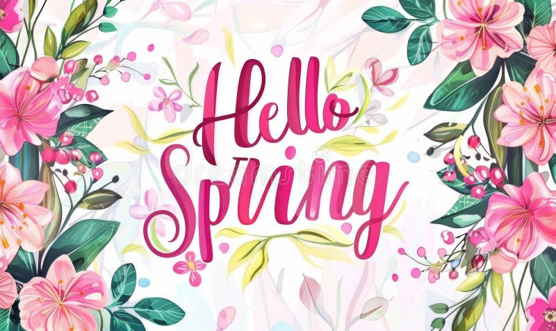 Hello Spring - Modern Calligraphy Inspirational Text on Multicolored ...