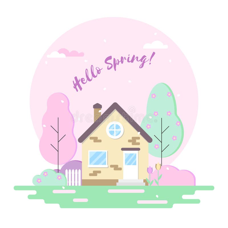 Hello Spring. Picture of a House with Trees and Flowers, Flat Style ...