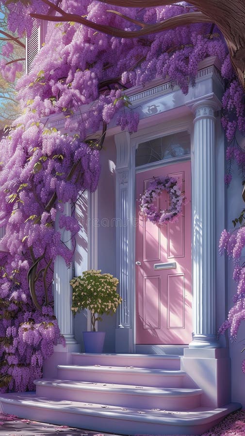 Hello Spring. Pink Door and Blossom Wisteria Tree. Ai Generated Image ...