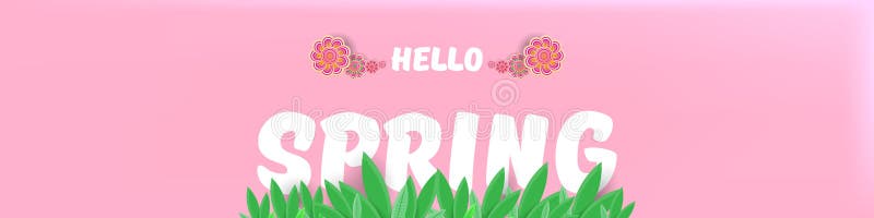 Hello Spring Pink Horizontal Banner with Text and Flowers on Soft Pink ...