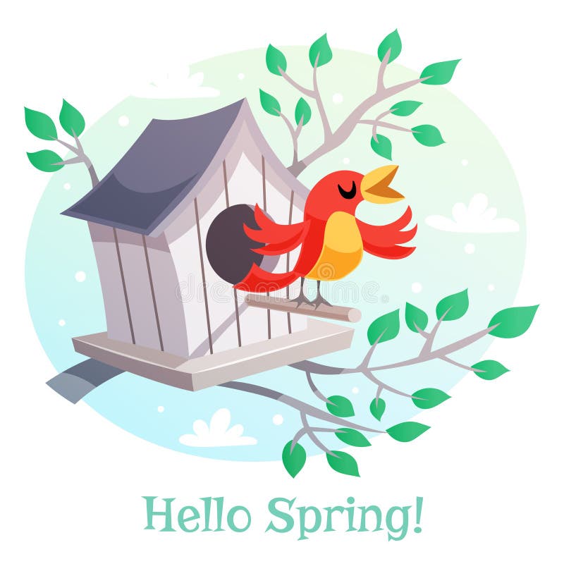Hello Spring Poster. Birdhouse and a Singing Bird Stock Vector ...
