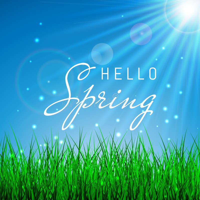 Hello Spring Poster with Green Grass and Blue Sky, Vector Illustration ...