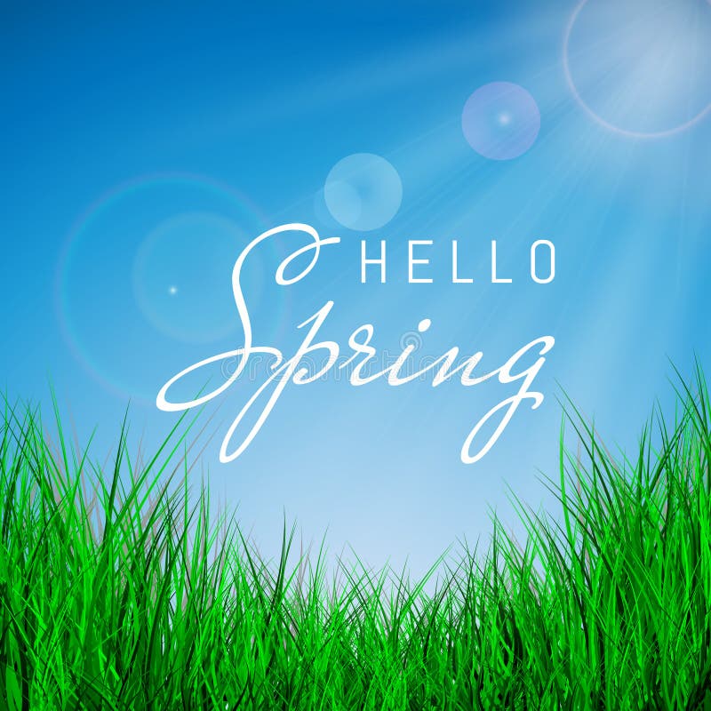Hello Spring Poster with Green Grass and Blue Sky, Vector Illustration ...