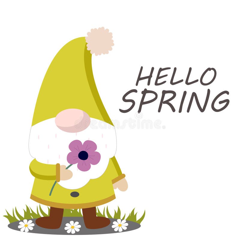 Hello Spring Quotes with Garden Gnome Illustration. Floral Springtime ...