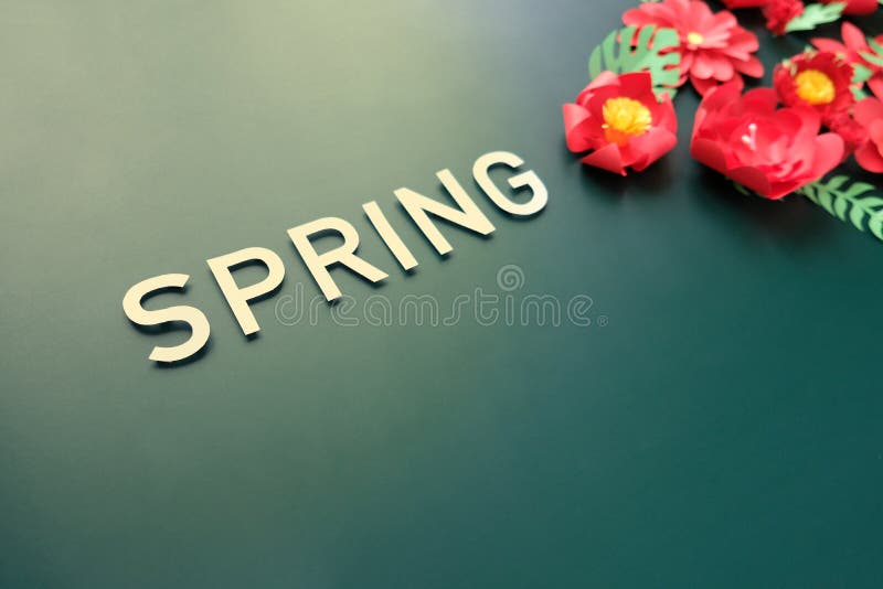 Hello, Spring. with Red Paper Flowers and Green Leaves Stock Photo ...