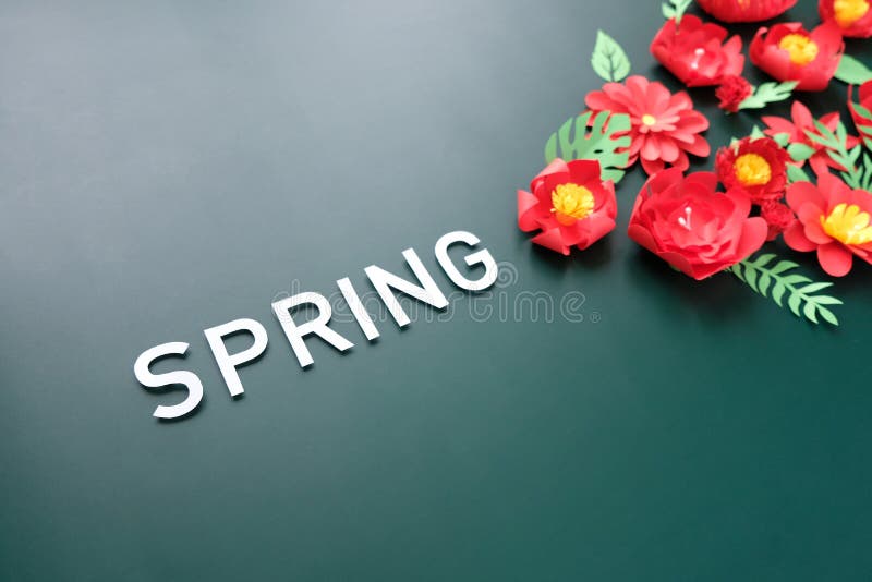 Hello, Spring. with Red Paper Flowers and Green Leaves Stock Photo ...