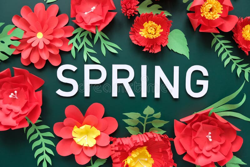 Hello, Spring. with Red Paper Flowers and Green Leaves Stock Photo ...