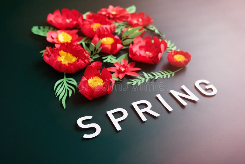 Hello, Spring. with Red Paper Flowers and Green Leaves Stock Photo ...