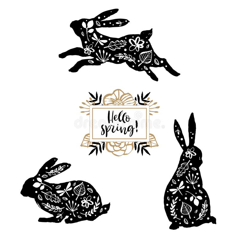 Hello Spring. Running, Sitting and Standing Silhouette of a Rabbit with ...