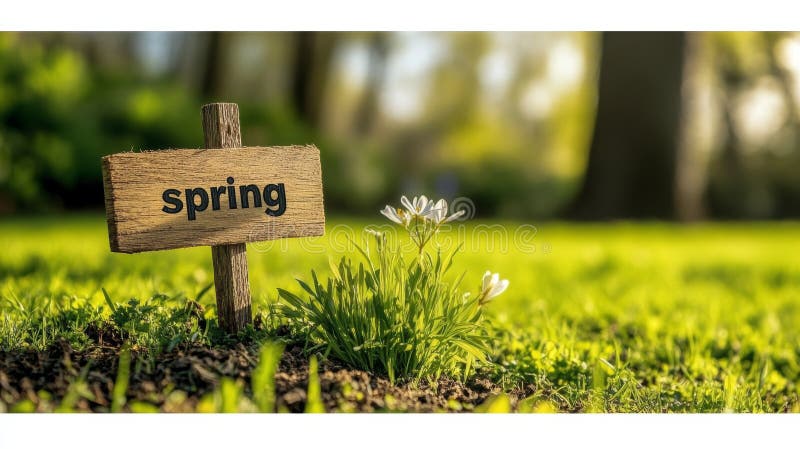 Hello, Spring. Rustic Wooden Sign and First Spring Flowers in the Green ...
