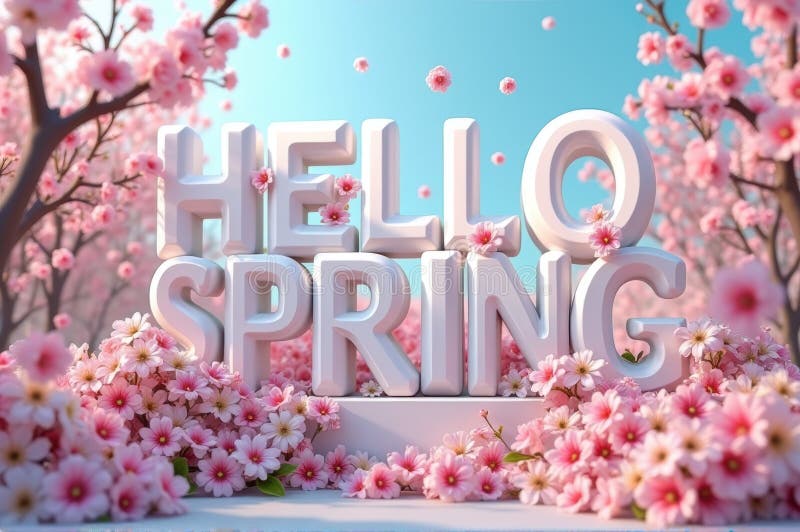 Hello Spring Sign with Blooming Cherry Blossoms in Bright Daylight ...