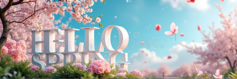 Hello Spring Sign with Blossoming Cherry Trees and Falling Petals in a ...