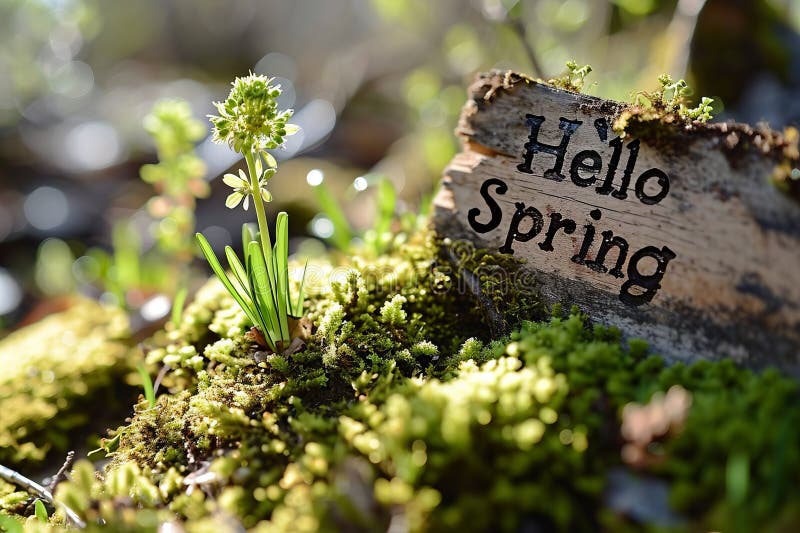 Hello Spring Sign with Budding Greenery in a Sunlit Forest Setting ...