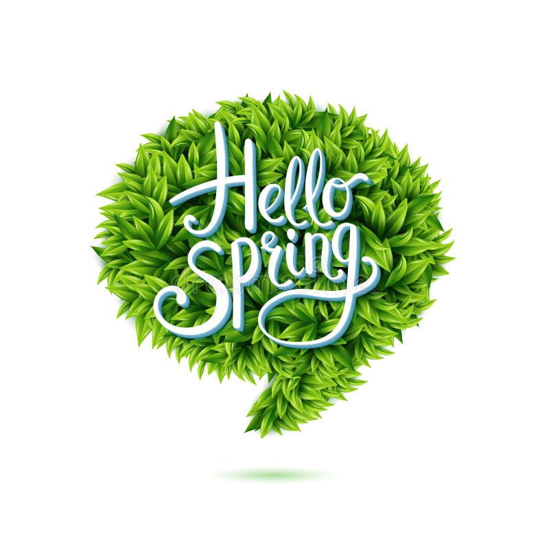 Hello Spring Speech Bubble in Green Leaves Stock Vector - Illustration ...