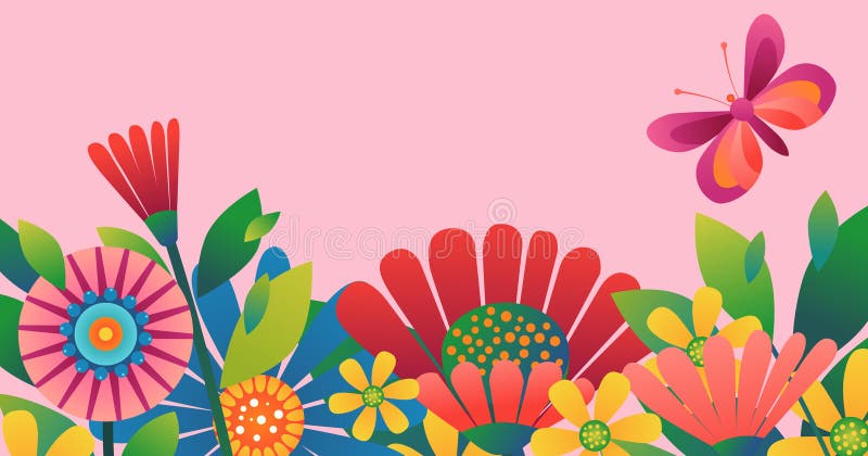 Abstract Spring Bright Blooming Flowers with Plants Banner with ...