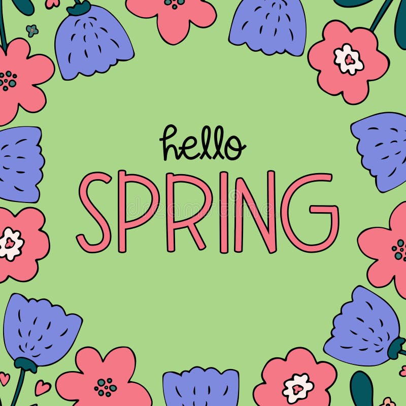Hello Spring. Springtime Greeting Card with Simple Outline Flowers ...
