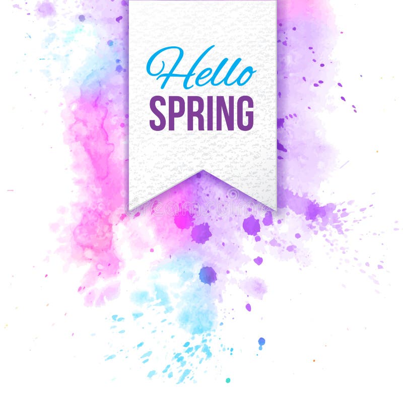 Hello Spring Text Bage Over Watercolor Background Stock Vector ...