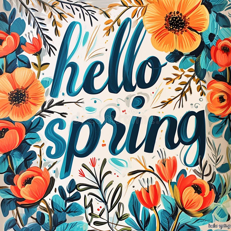 Hello Spring Text Banner Greetings Design with Colorful Flower Elements ...
