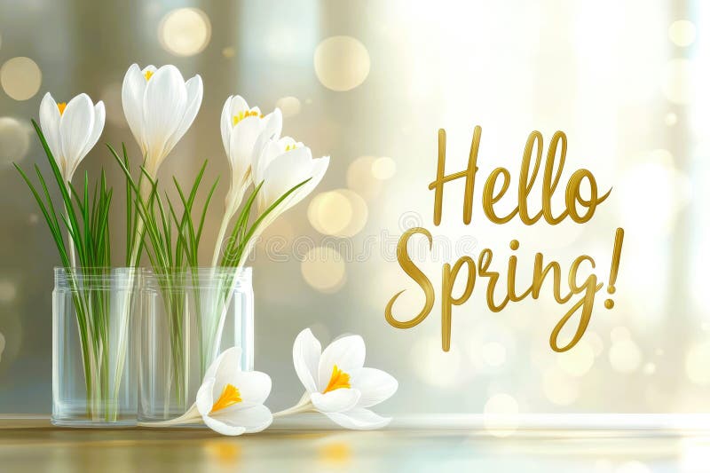 Hello Spring Text and Beautiful Crocus Flowers Stock Image - Image of ...