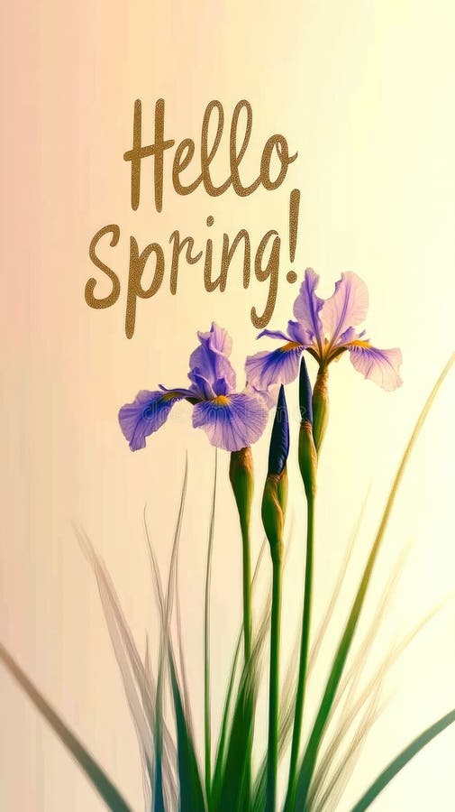 Hello Spring Text and Beautiful Iris Flowers Stock Photo - Image of ...