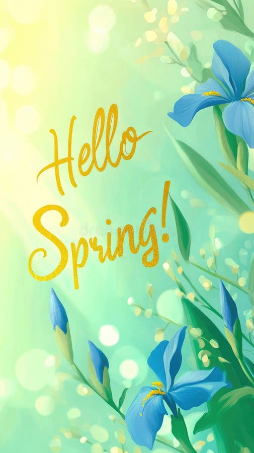 Hello Spring Text and Beautiful Iris Flowers Stock Image - Image of ...