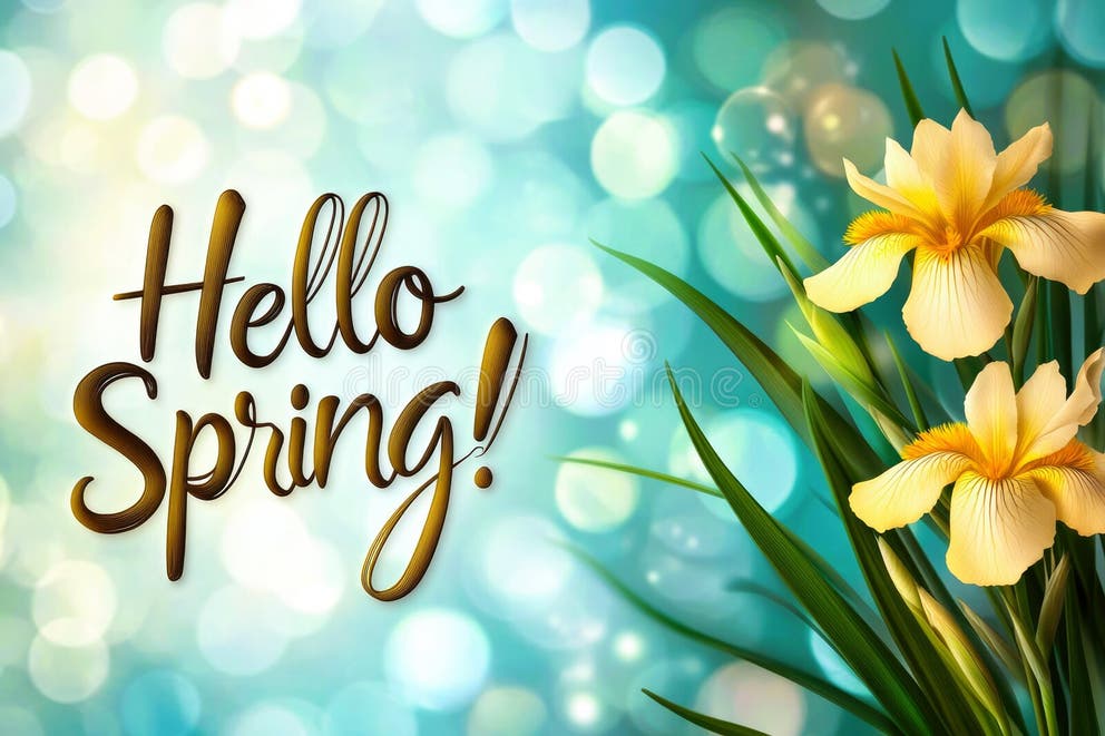 Hello Spring Text and Beautiful Iris Flowers Stock Photo - Image of ...
