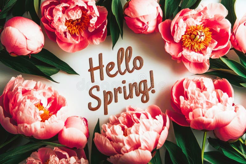 Hello Spring Text and Beautiful Peony Flowers Stock Photo - Image of ...