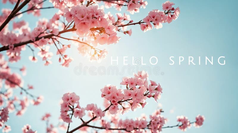 Hello Spring Text on Blooming Tree Branch Background Stock Image ...