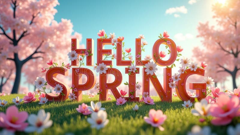 Hello Spring Text with Blossoms and Green Grass Under a Clear Blue Sky ...
